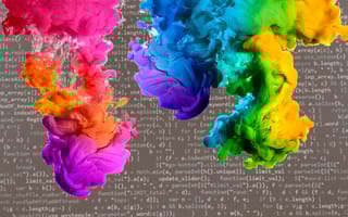 Rainbow ink blots over a backdrop that has code